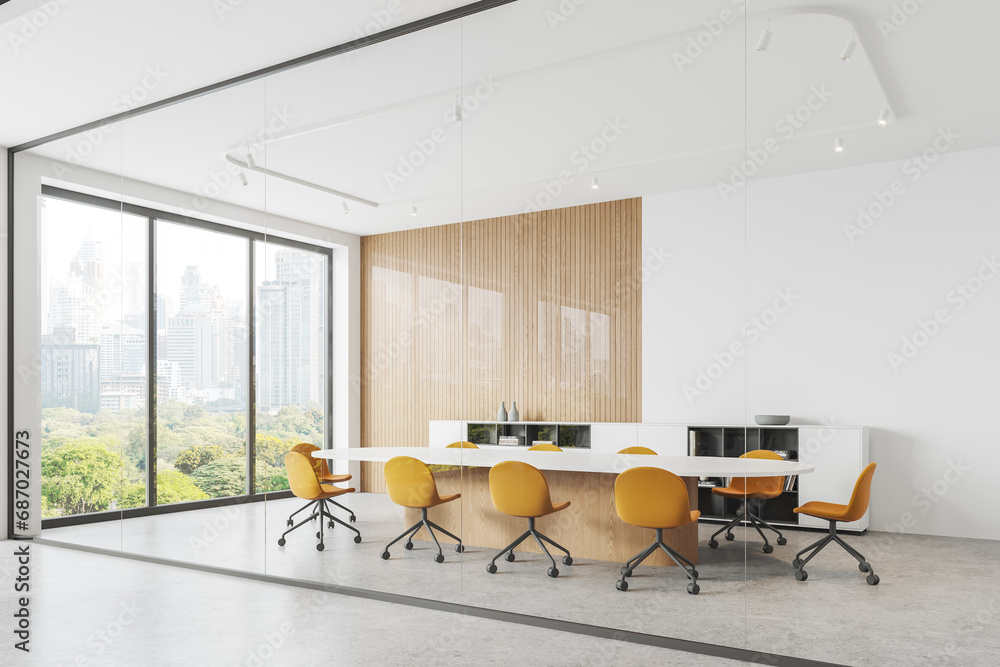 Elegant conference room interior with table and chairs, sideboard and ...