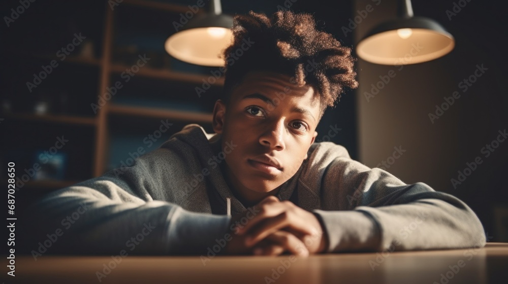 The lens captures the solitude of a sad teen in a classroom, his eyes ...