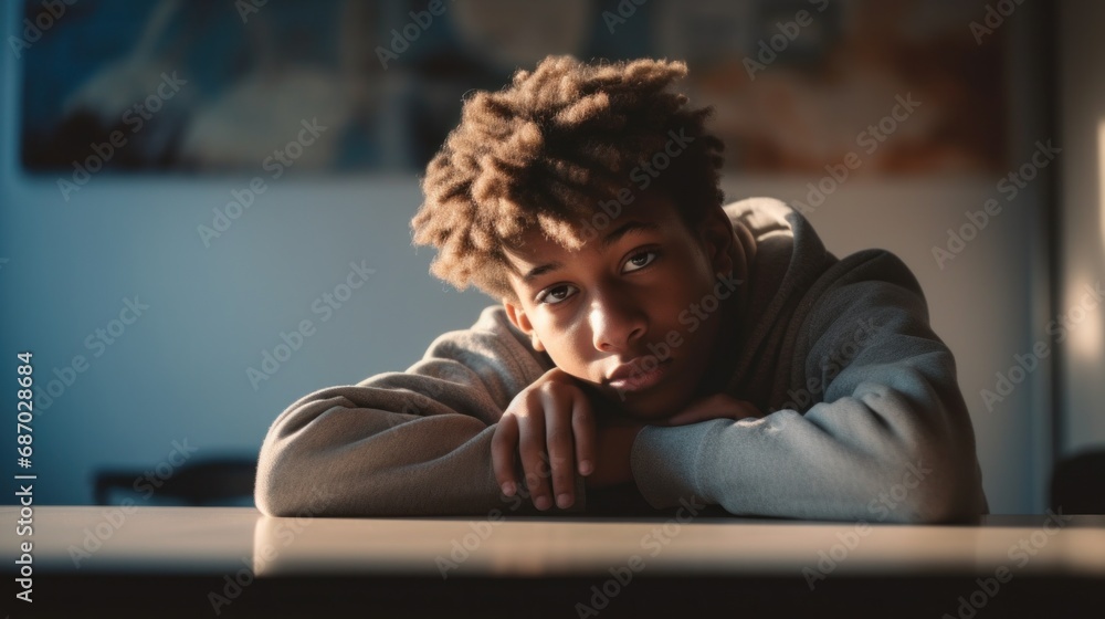 Seated alone in a quiet classroom, a sad teen boy's gaze into the ...