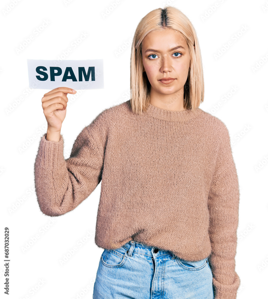 Beautiful young blonde woman holding spam banner thinking attitude and ...