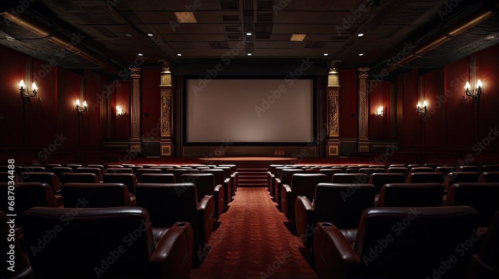 An empty cozy movie room with chairs, a screen and lights on the walls ...
