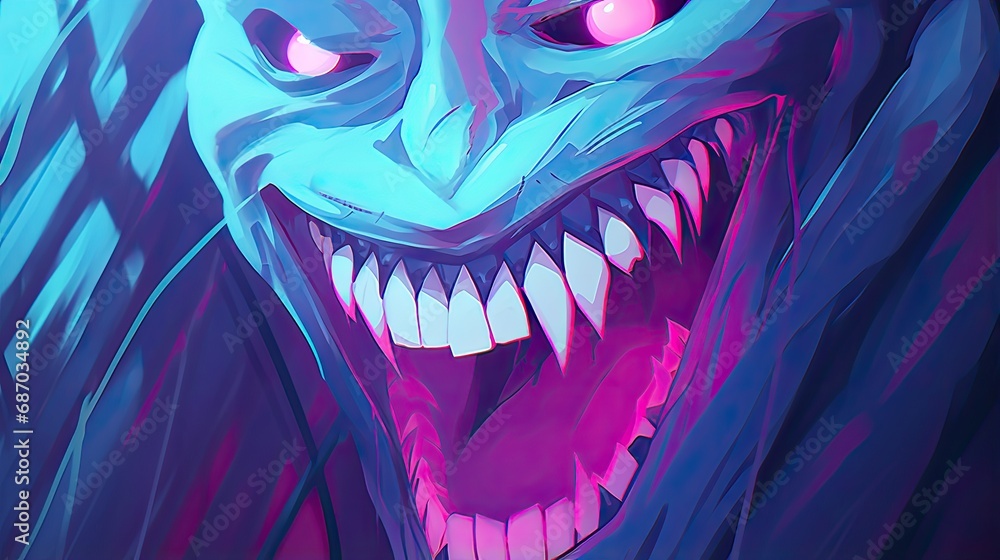 A terrifying creature with a creepy grin. An invented image for a work ...