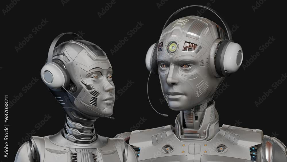 Two detailed futuristic robot operators looking at each other. Male and female humanoids with ...