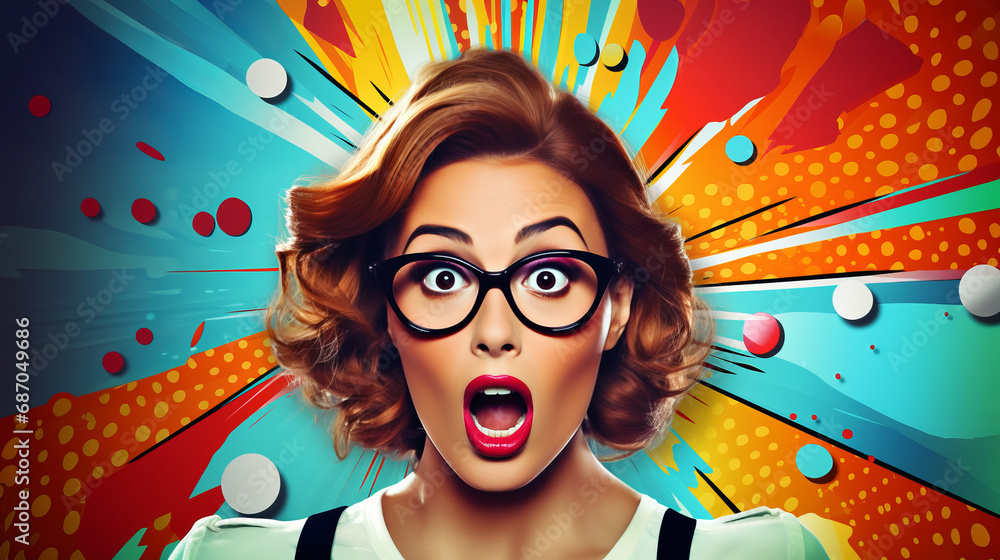 Portrait of surprised woman in glasses in retro pop art style ...