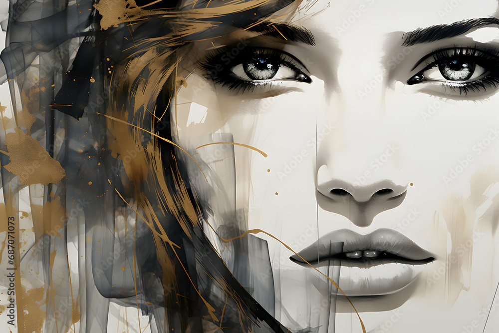 Abstract Drawing of a Girl's Face in Black Ink with Gray and Gold ...