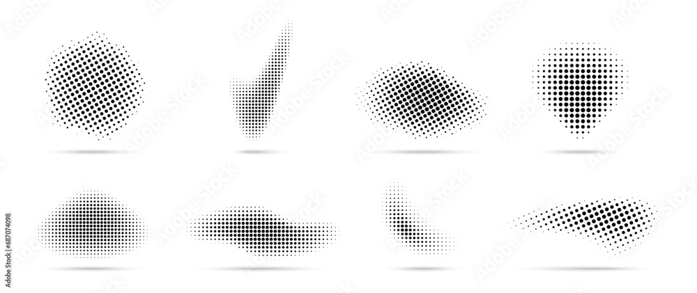 Set of halftone dots curved gradient pattern texture isolated on white background. Curve dotted ...