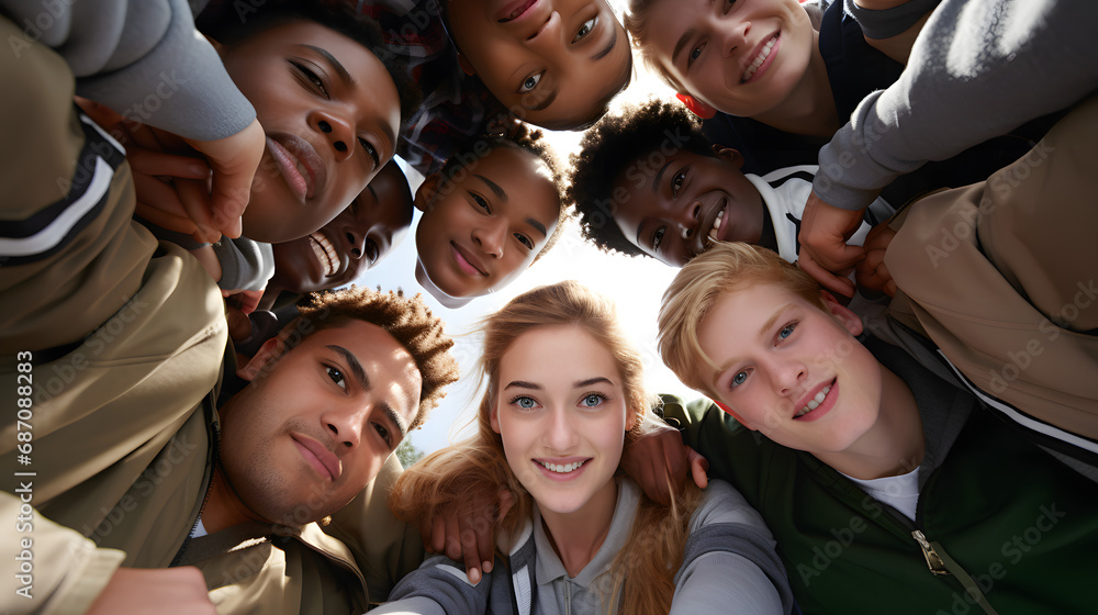 Multicultural teenagers expressing their unity and teamwork. generative ...