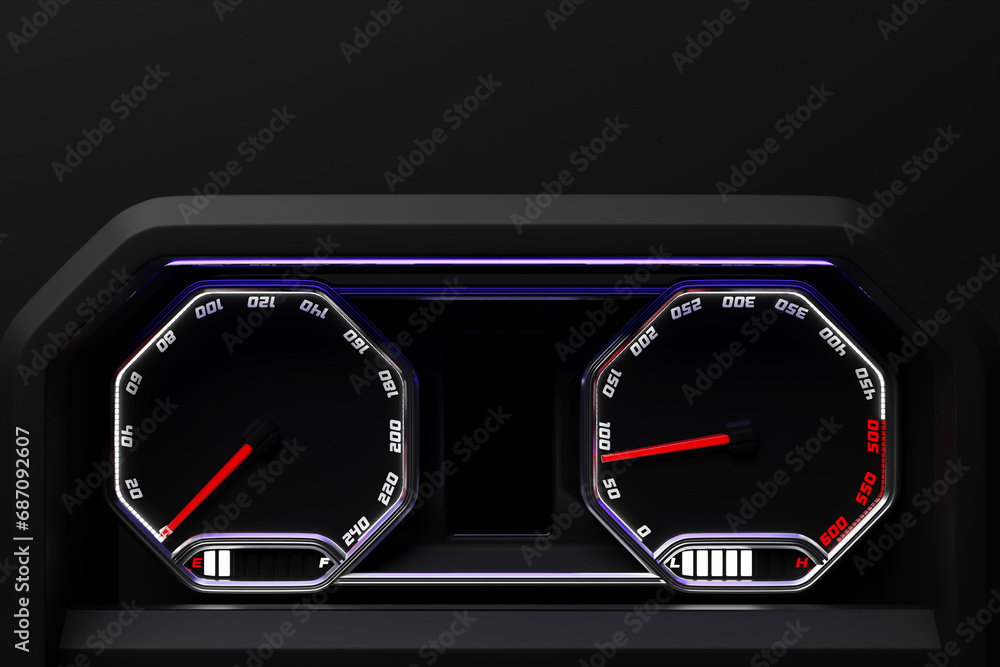 3D illustration of a car dashboard illuminated with bright backlight ...