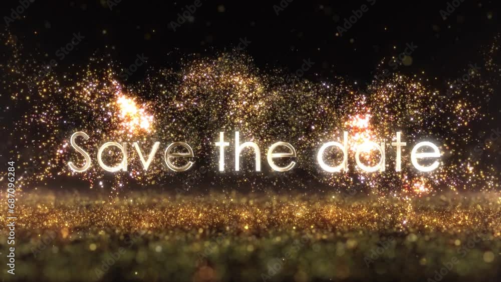 Animated text Save the date with ink drop writing in golden color on ...