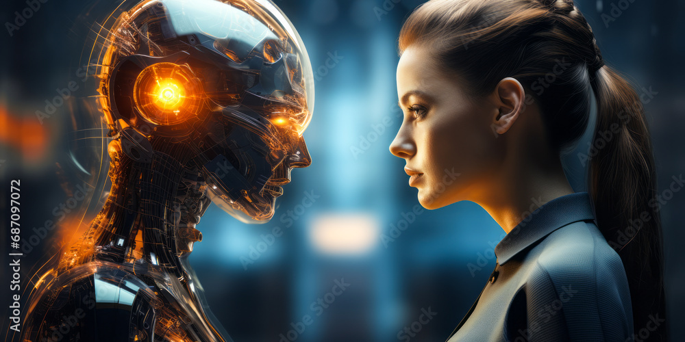 Futuristic interface of a human and a cyborg meeting, symbolizing the ...