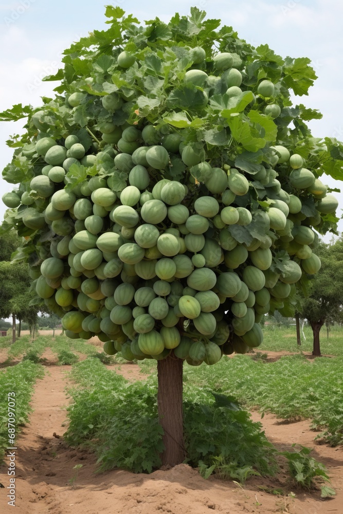 Whimsical tree bearing large watermelons, a fantastical scene where ...