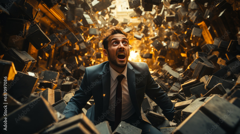 Desperate businessman falling through a collapsing structure ...