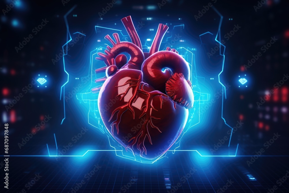 Human anatomy of heart on neon glowing digital cyber monitor. glowing ...