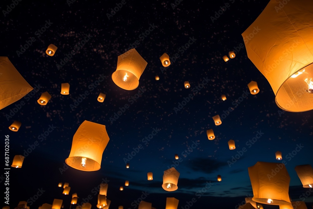 Illuminated paper lanterns gracefully floating in the sky, casting a ...