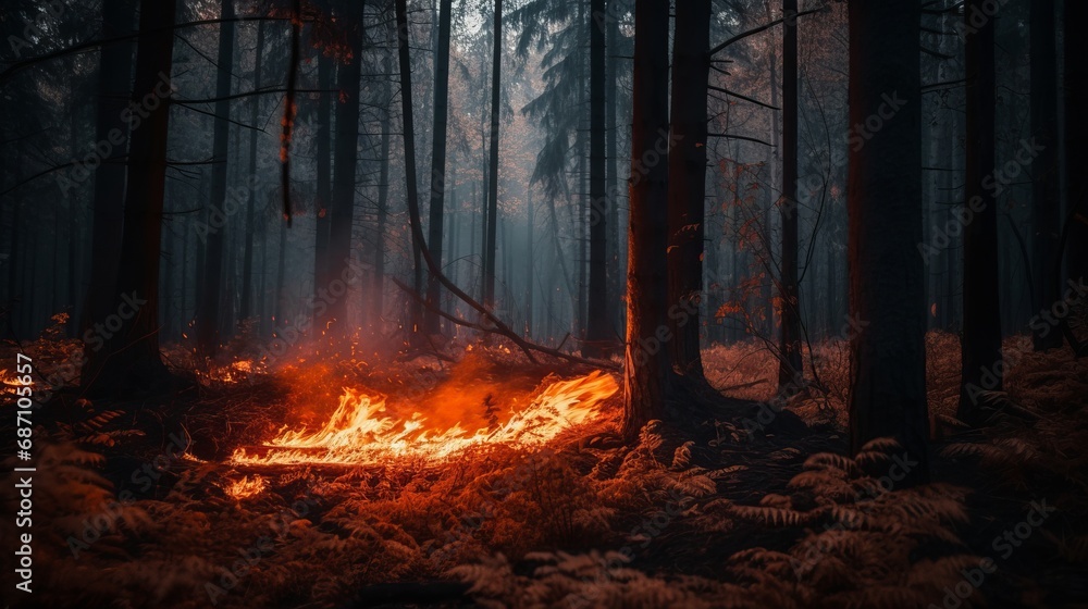 A forest fire ravages the landscape, depicting the alarming ...