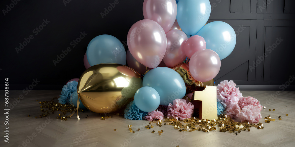 Balloons Number 1, one with balloons. First place. One Years birthday ...