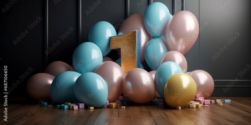 Balloons Number 1, one with balloons. First place. One Years birthday ...