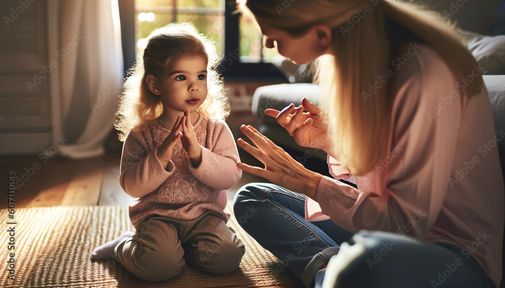A mother teaches sign language to her young child. One of the best ways ...