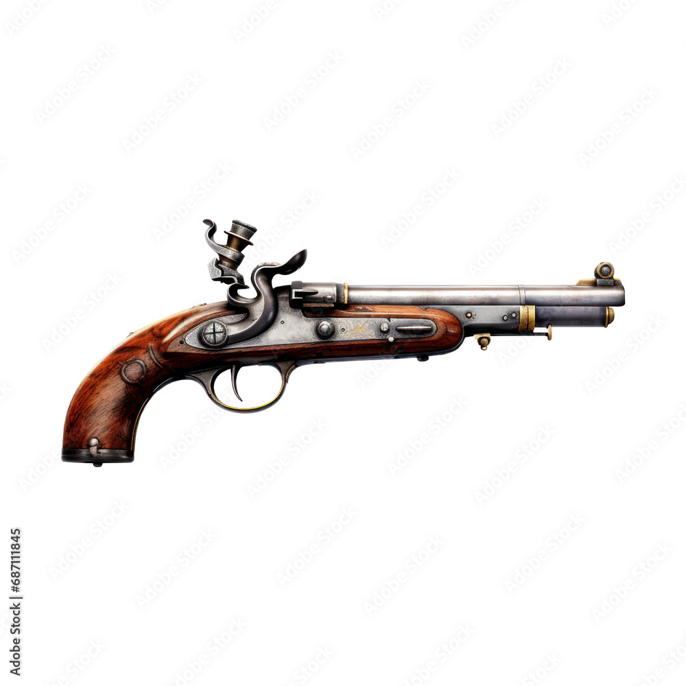 Antique firearms. Pistol with flintlock. Isolated on transparent ...