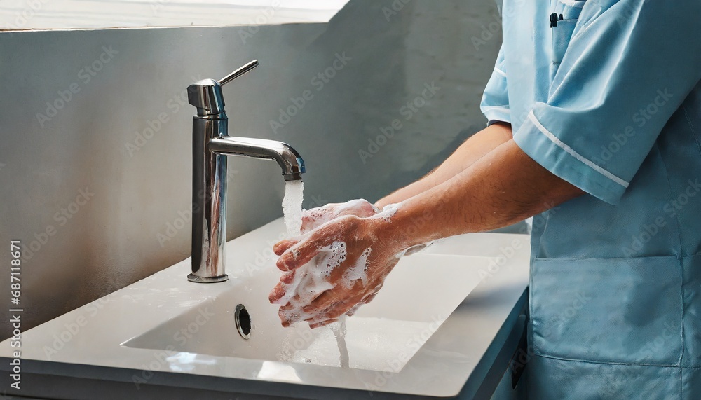Un doctor, médico o cirujano lavándose las manos con jabón y agua del ...