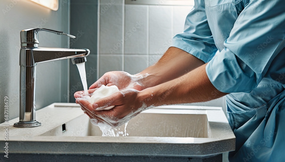 Un doctor, médico o cirujano lavándose las manos con jabón y agua del ...