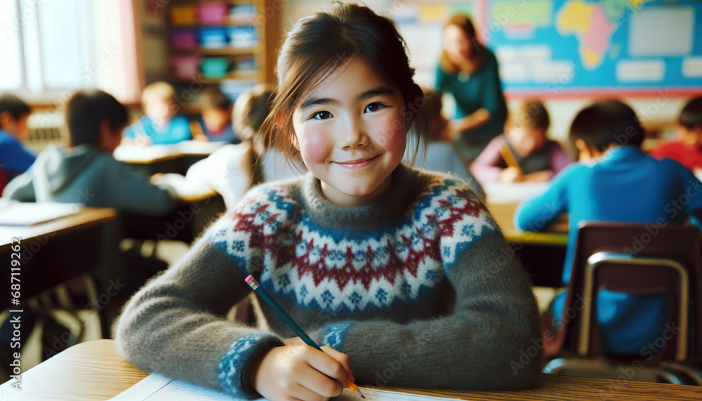 Smiling Inuit girl sitting at a desk in the school classroom.Elementary ...