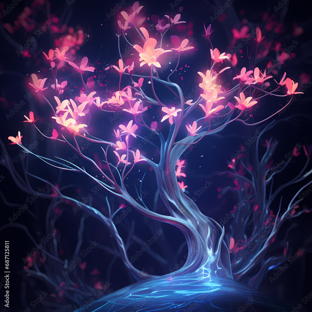 an abstract ballet featuring the neon glow of lights, abstract sakura ...