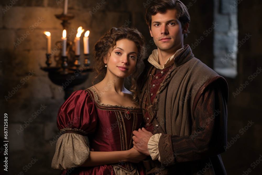 Medieval time-capsule portrait, couple in period attire, stone castle ...