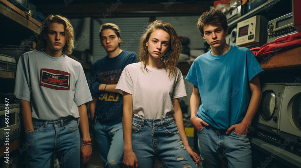 90s grunge era time-capsule portrait, band tee and denim, in a garage ...
