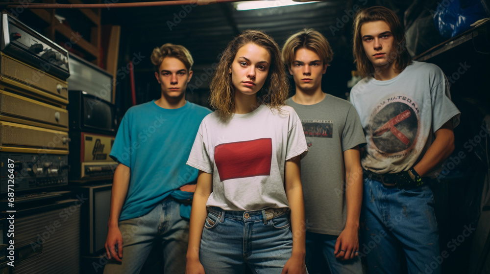 90s grunge era time-capsule portrait, band tee and denim, in a garage ...
