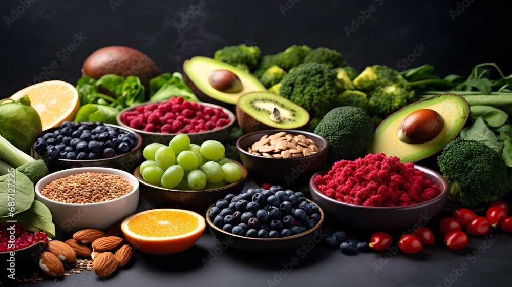 Vegan diet food. Selection of rich fiber sources vegan food. Foods high ...