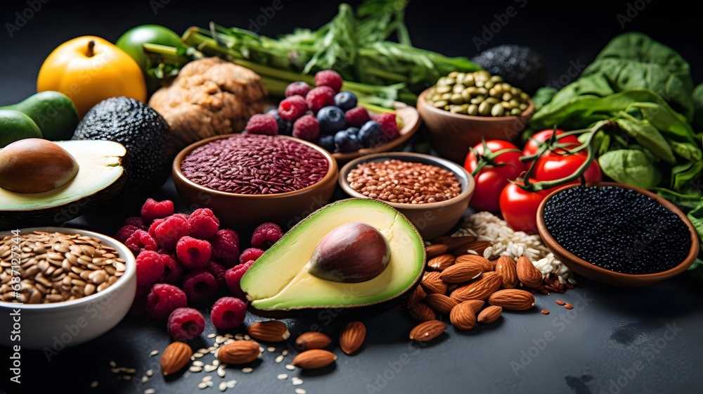 Vegan diet food. Selection of rich fiber sources vegan food. Foods high ...