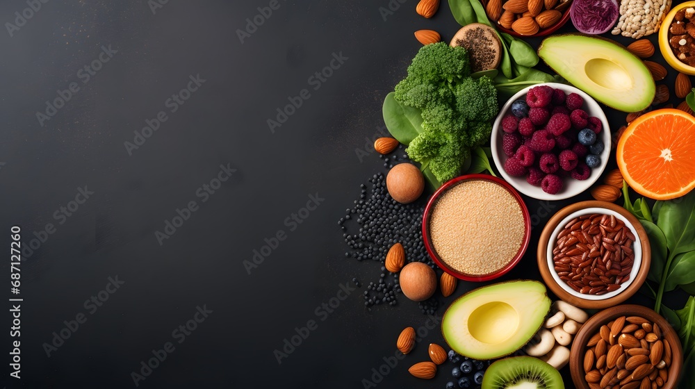 Vegan diet food. Selection of rich fiber sources vegan food. Foods high ...