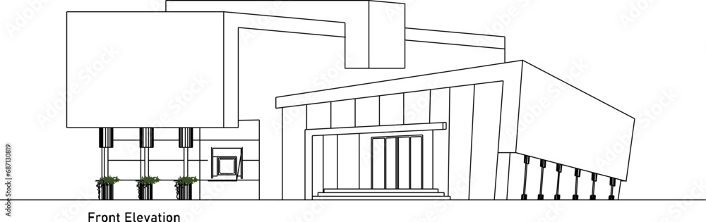 Vector sketch illustration of the architectural design of the front and ...