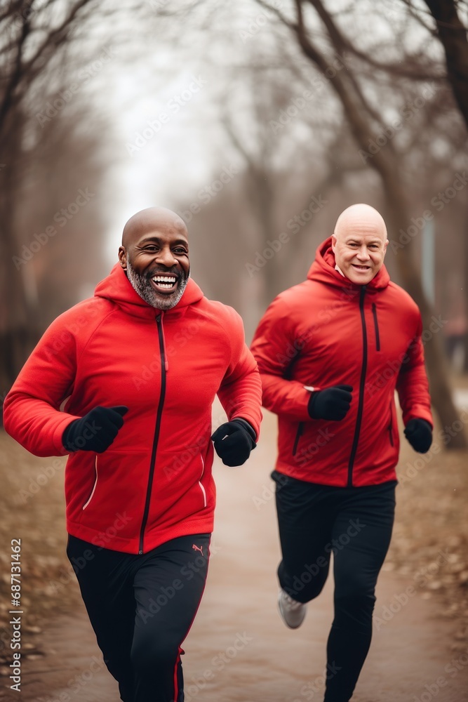 Positive African American man and his Caucasian friend run together ...