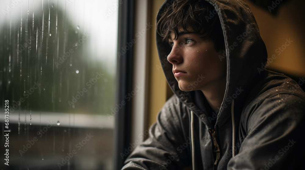 Teenager lost in thought looking out a rain-streaked window, moody ...