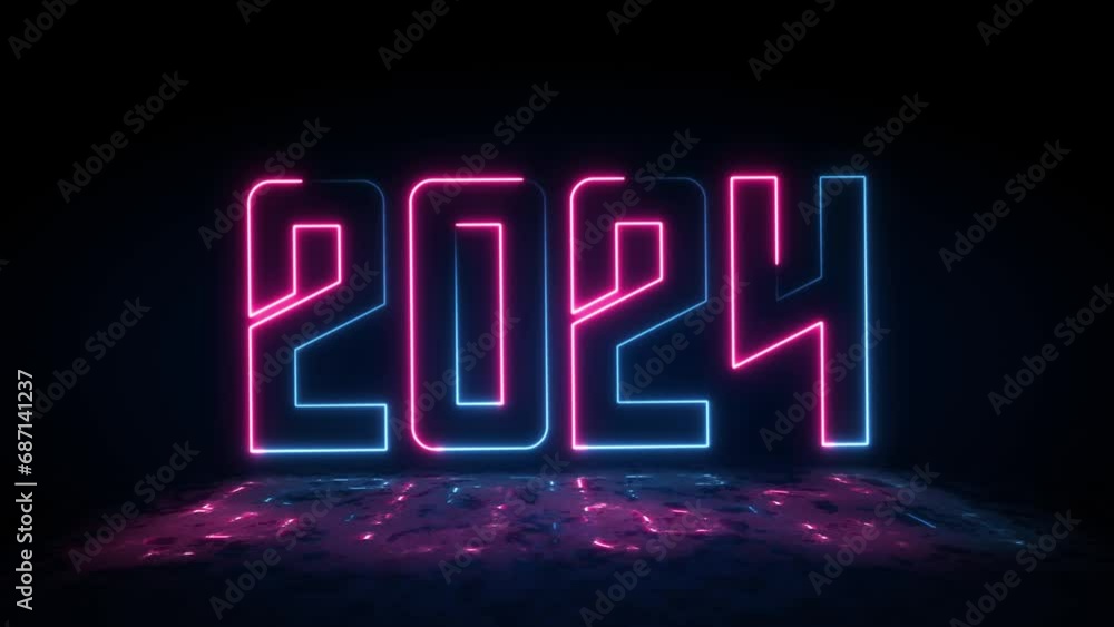 Blue neon illuminate digits 2024 years design with wet floor and neon ...