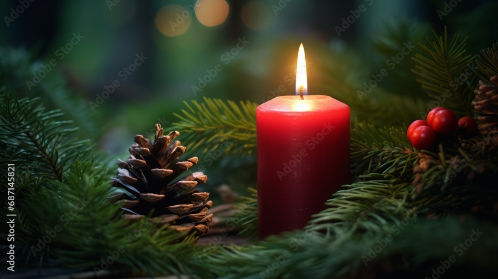 Obraz a red candle burning in a cozy Christmas setting, surrounded by ...
