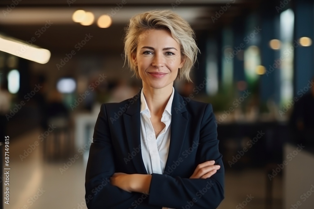 Confident beautiful middle-aged business woman in suit smiles, looks at ...