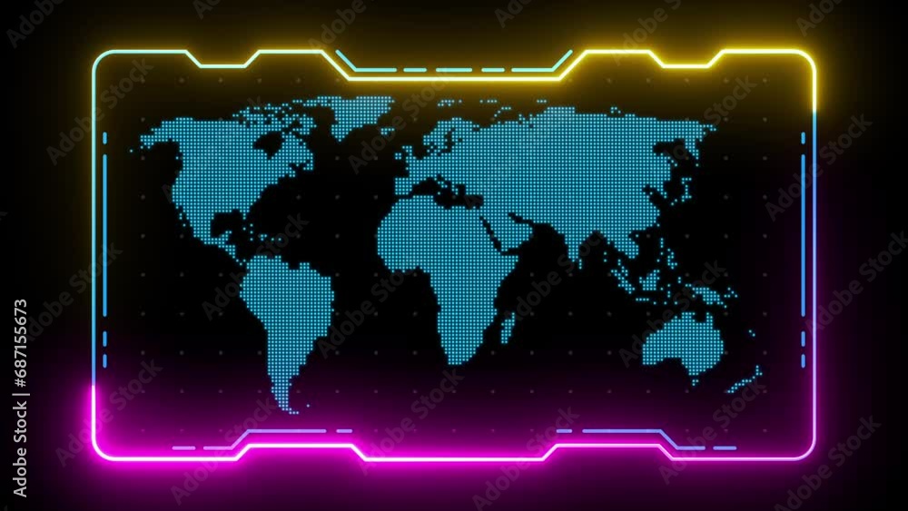 Animated futuristic frame with neon lighting color and Earth map, 4K ...