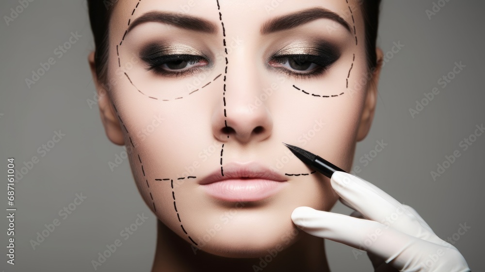 A young woman with black marker lines on her face, preparing for ...