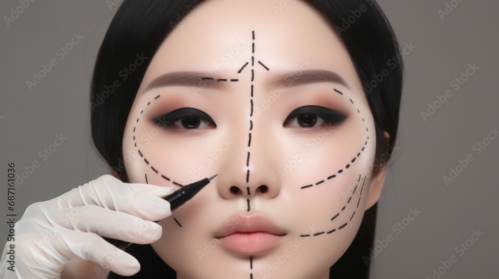 A young woman with black marker lines on her face, preparing for ...