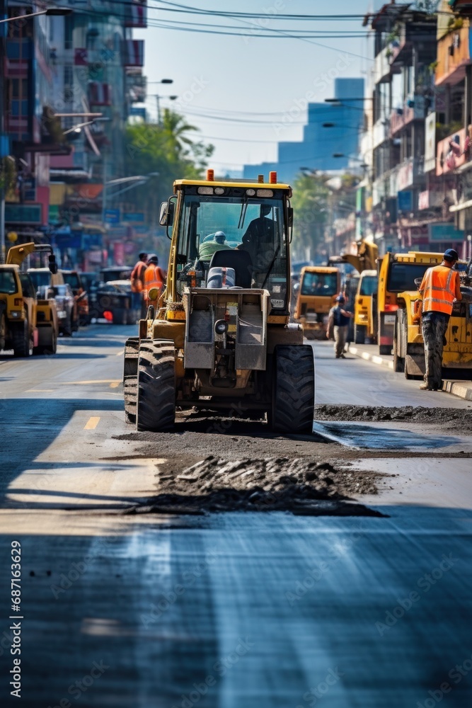 Construction site is laying new asphalt pavement, road construction ...
