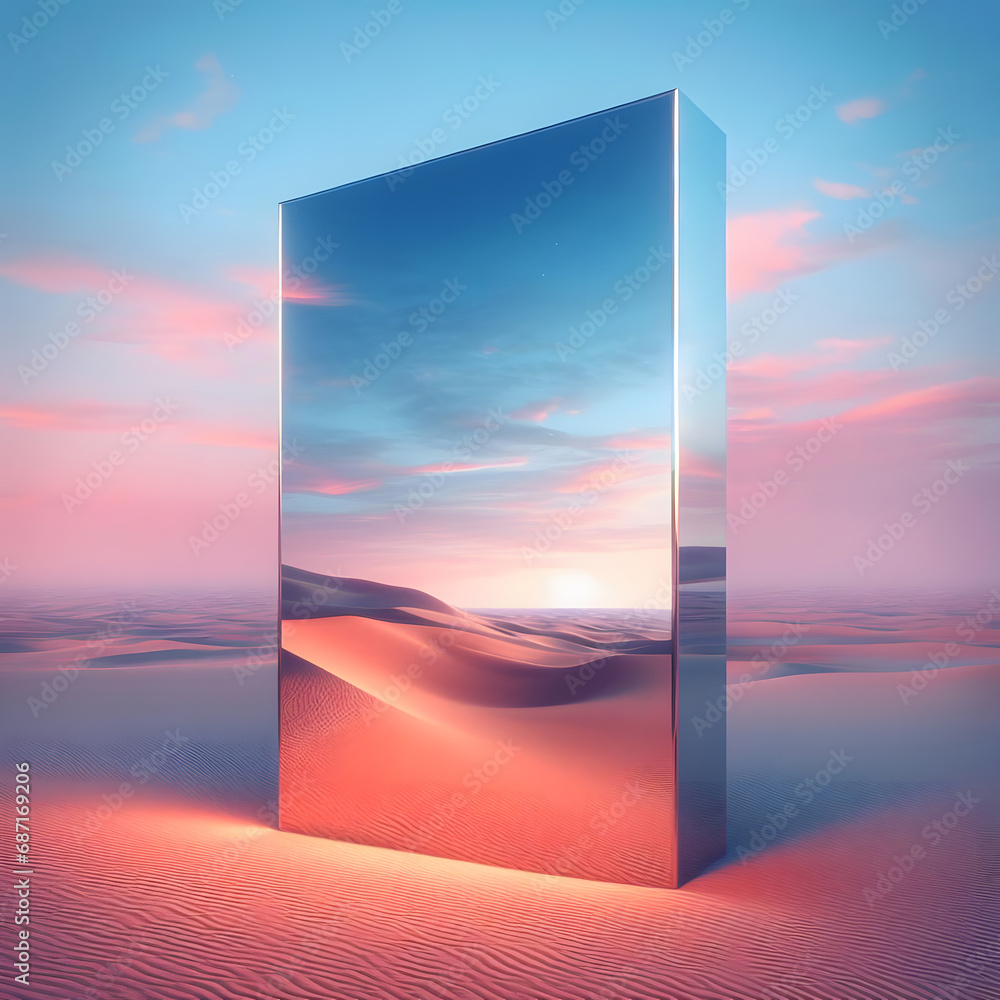 mirror monolith standing in the desert, rectangle shape mirror desert ...