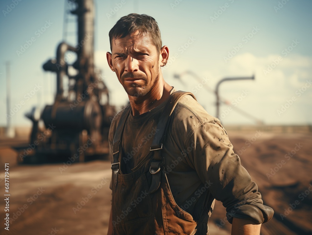 Oil worker in dirty overalls and worn-out leather jacket stands in warm ...