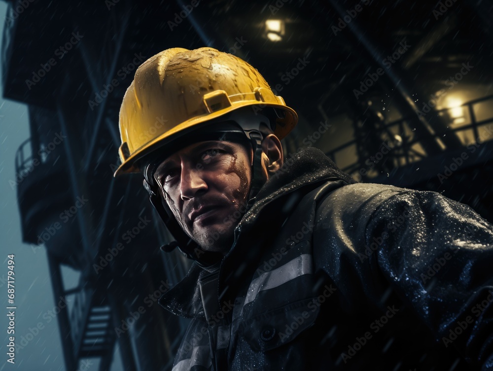 An oil worker on an offshore platform wearing a protective helmet and ...