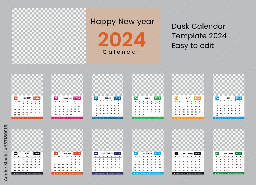 Minimal style 2024 wall calendar layout design. Yearly stationary diary ...