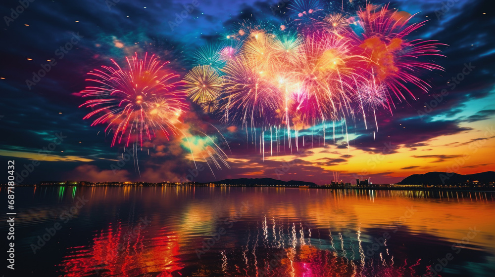 Firework explosion in the night sky celebrating happy new year 2024 ...