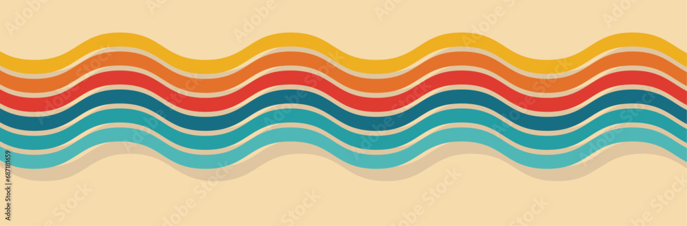 Bannière rétro - Lignes colorées qui ondulent sur un fond beige ...