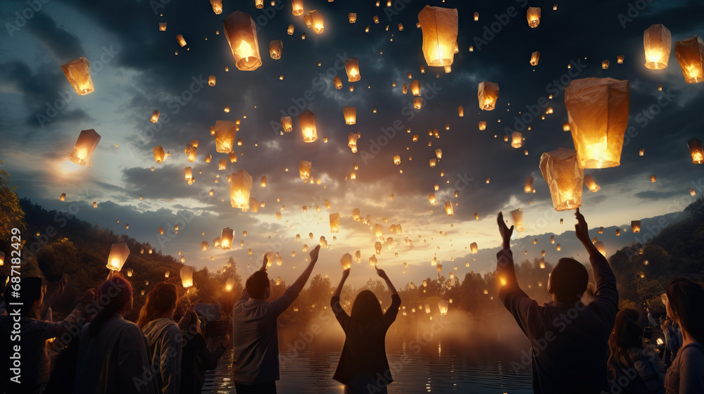 Sky Lantern Release: A portrait of a group releasing sky lanterns into ...